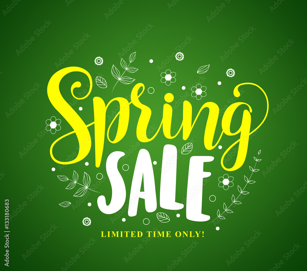 Spring sale vector banner design in green background with flowers and ...