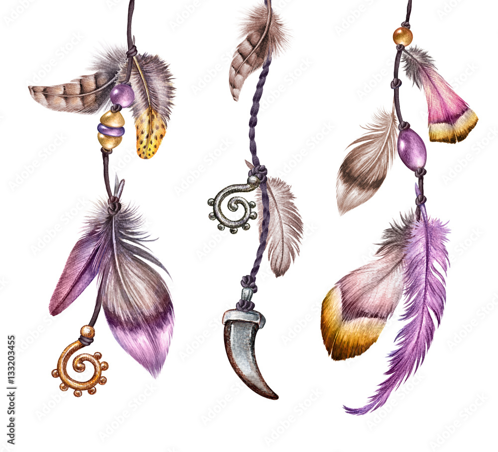 watercolor illustration, pink bohemian feather clip art, boho design ...