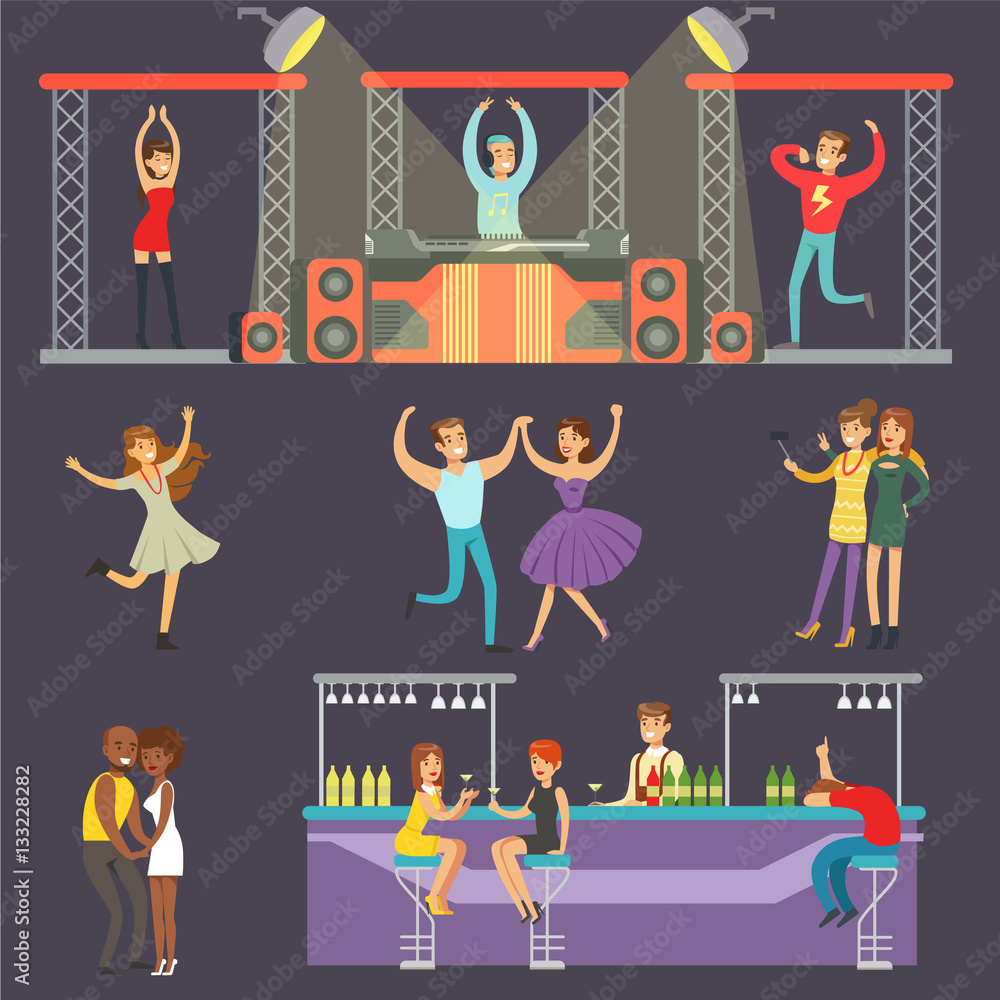 Young Smiling People Dancing In Night Club And Drinking In The Bar With ...