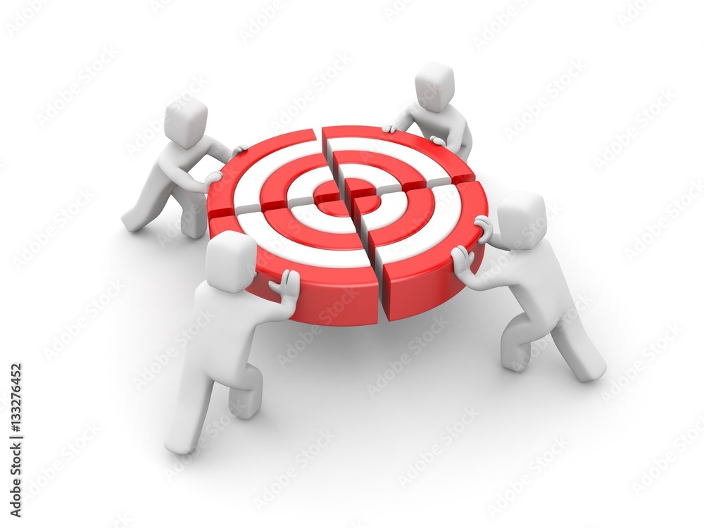 People pushing target piece part to connect into one. Team success ...