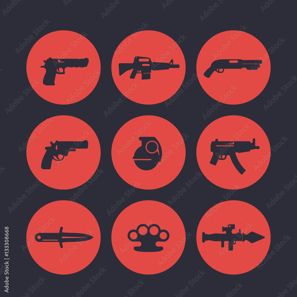 weapons icons set, pistol, assault rifle, revolver, shotgun, grenade ...