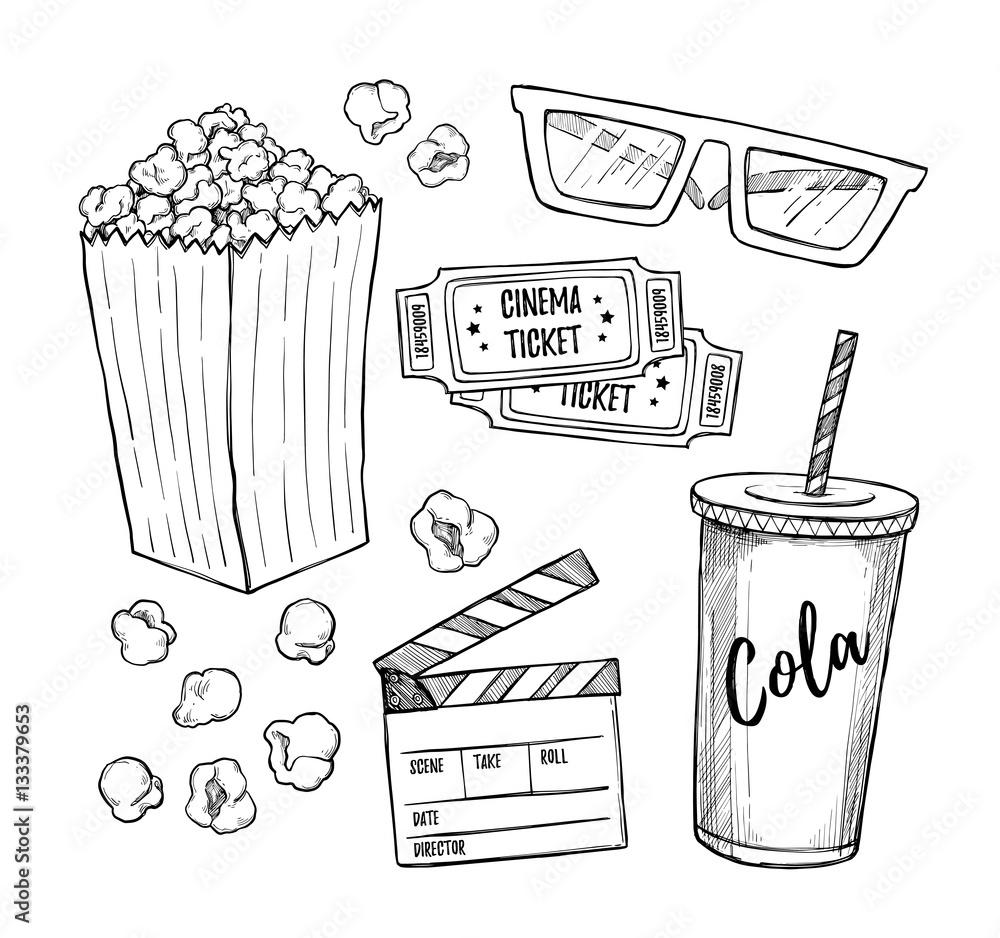 Hand drawn vector illustrations - Cinema collection. Movie and film ...