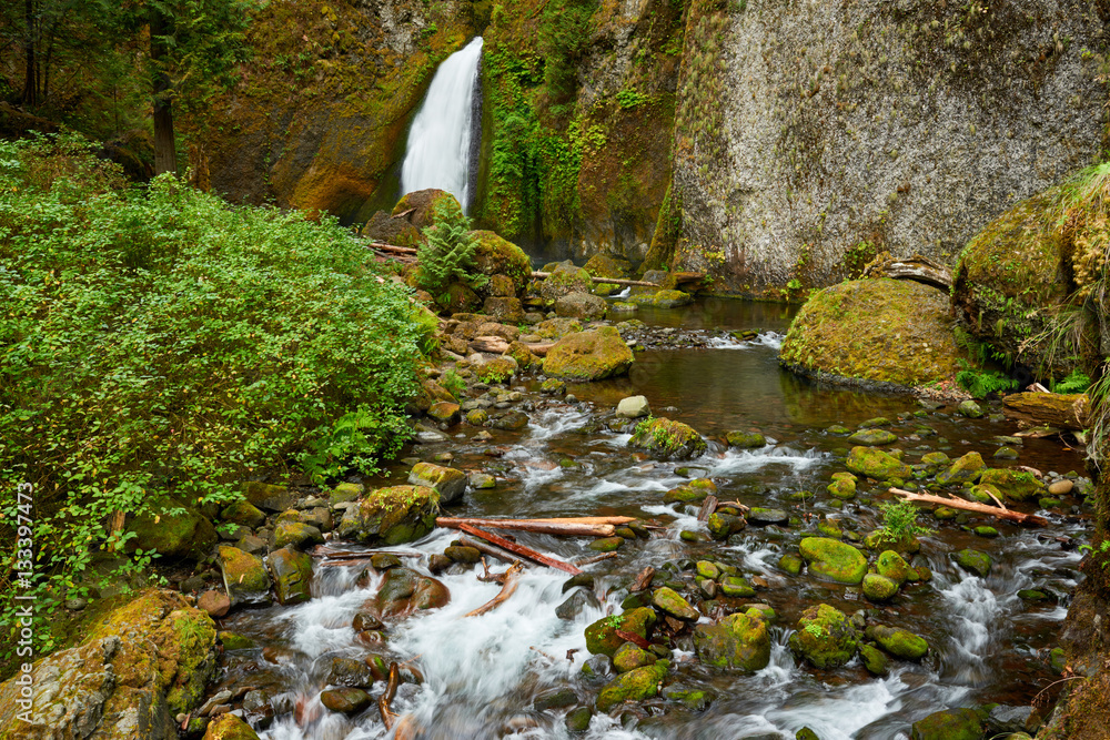 Wahclella Falls view and pool underneath. Tanner Creek in the Columbia ...