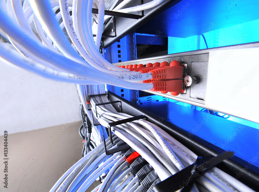 Large group of lilac utp Internet cables in Data Center Stock Photo ...