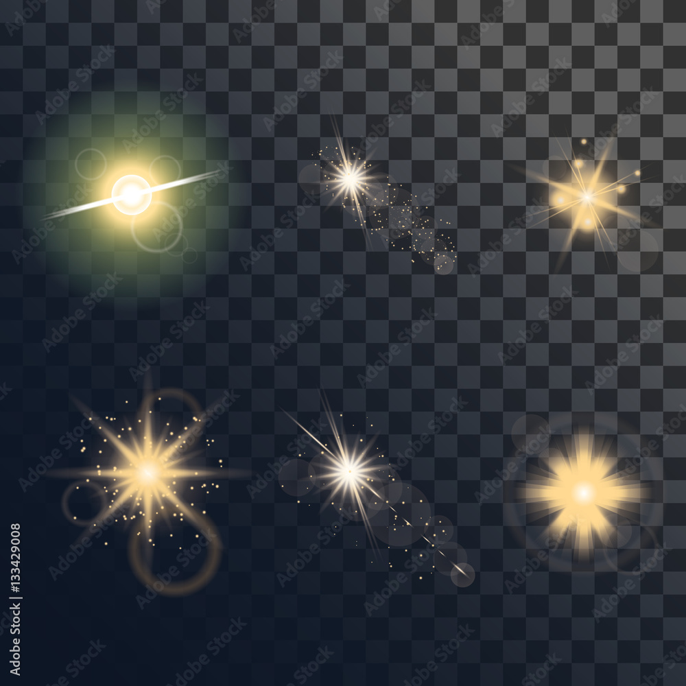Vector set of light flare or star explosion with glowing sparkles and ...