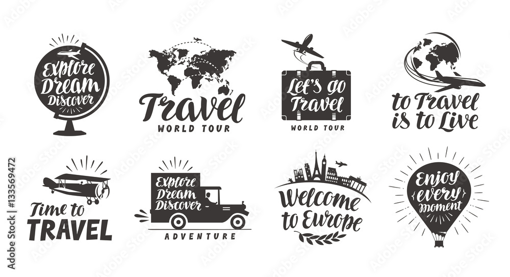 Travel set icons. Handwritten lettering. Label vector illustration ...