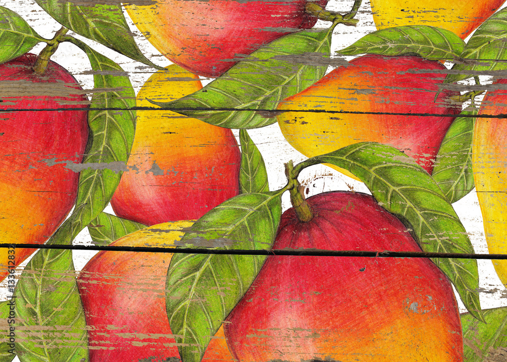 Hand drawn fresh mango pattern on wood texture Stock Illustration ...