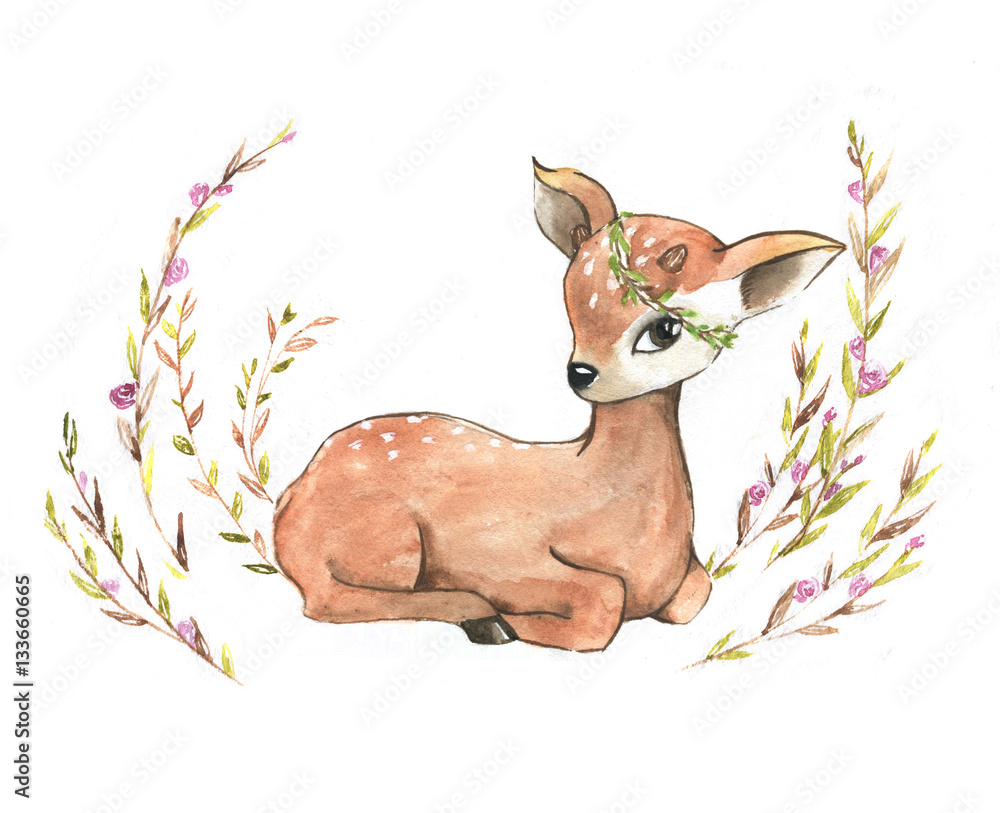 Hand-drawn watercolor portraits of the cute cartoon small deer. Spring ...