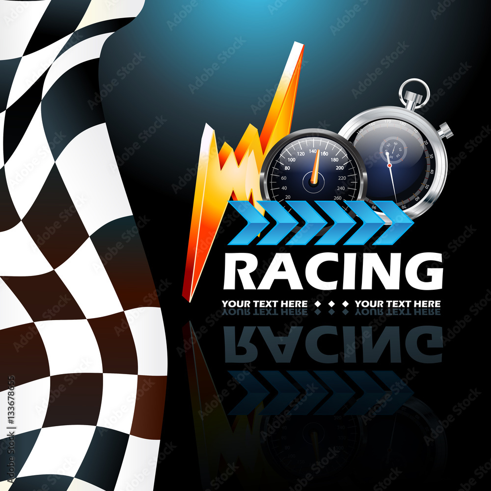 Racing poster with checkered waving flag, stopwatch and thunderbolt ...