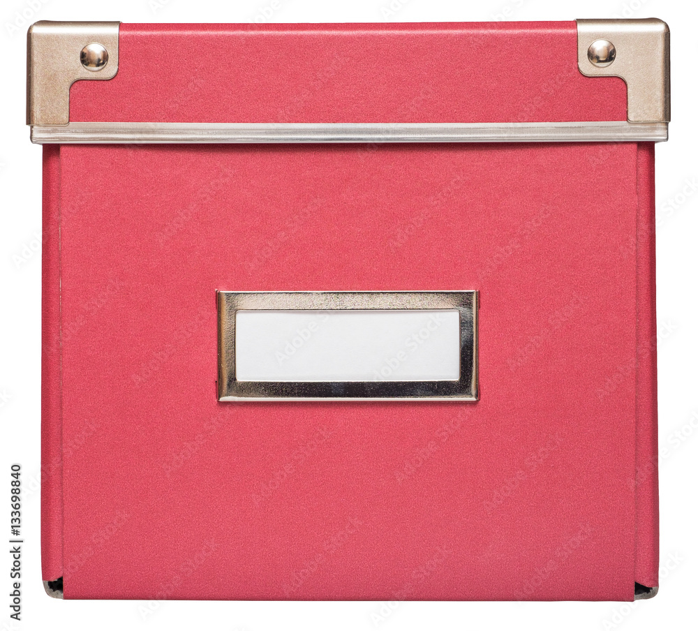 Closed red cardboard box with metal findings. Isolated on the white ...