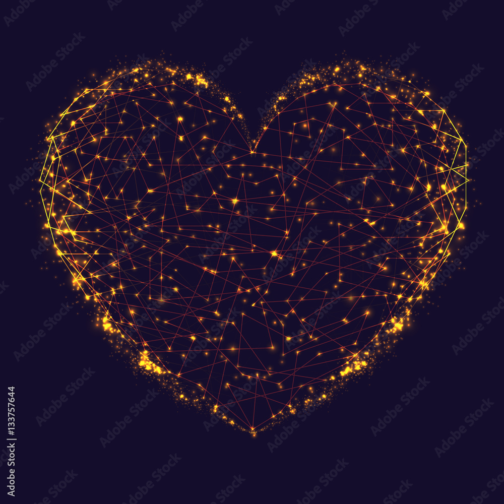 Abstract background of gold molecular heart shape. Illustration of ...