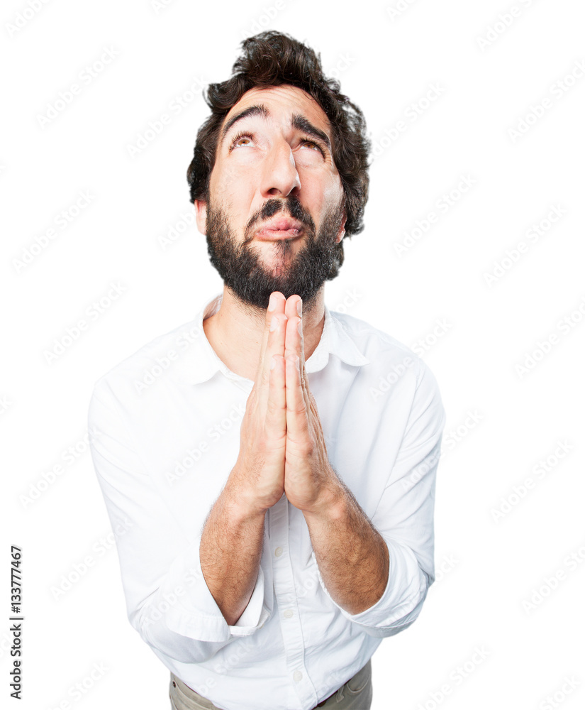young funny man praying. worried pose Stock Photo | Adobe Stock