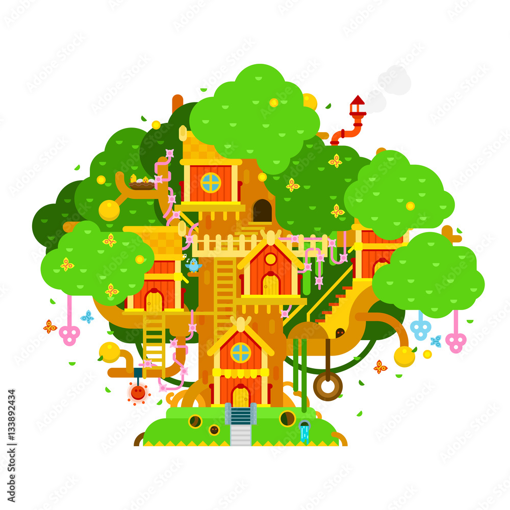 Children treehouse colorful vector illustration with houses, branches ...
