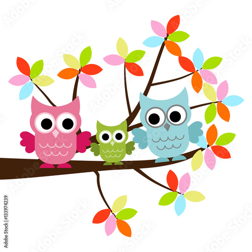 Three Owls sitting on the branch Stock Vector | Adobe Stock
