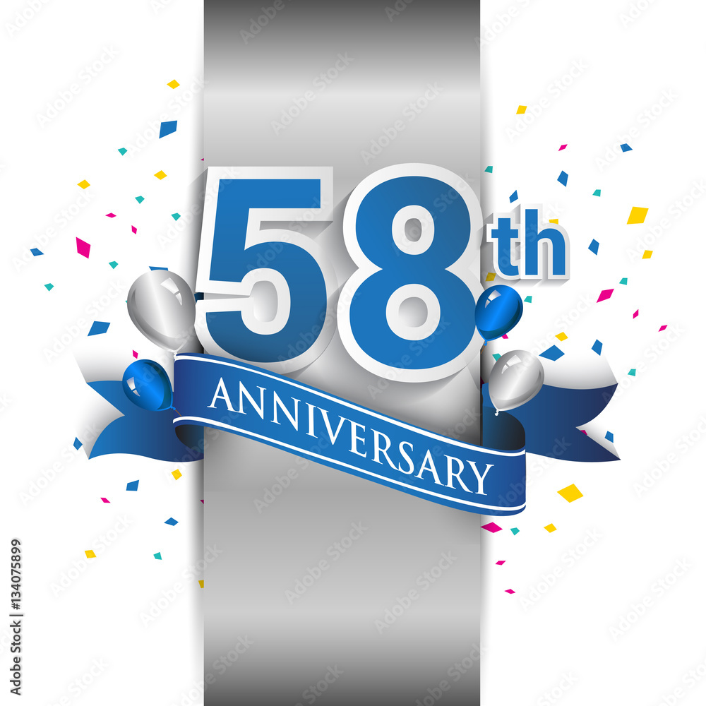 Vector de Stock 58th anniversary logo with silver label and blue ribbon ...