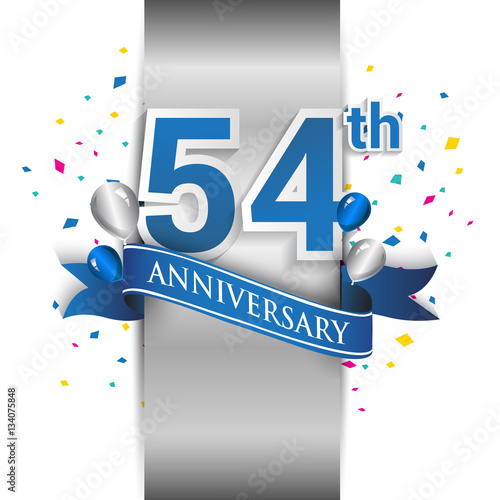 54th anniversary logo with silver label and blue ribbon, balloons ...