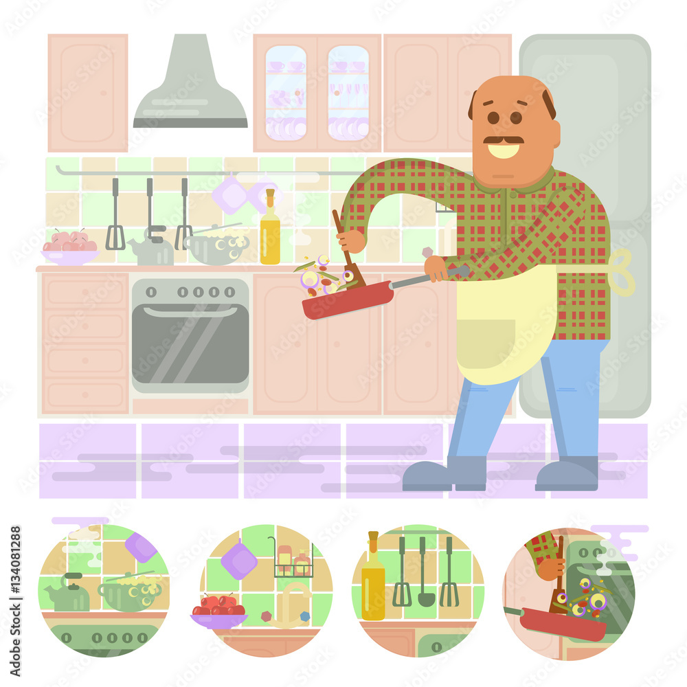 Fat bald man with frying pan in hand cooking . Isolated on kitchen ...