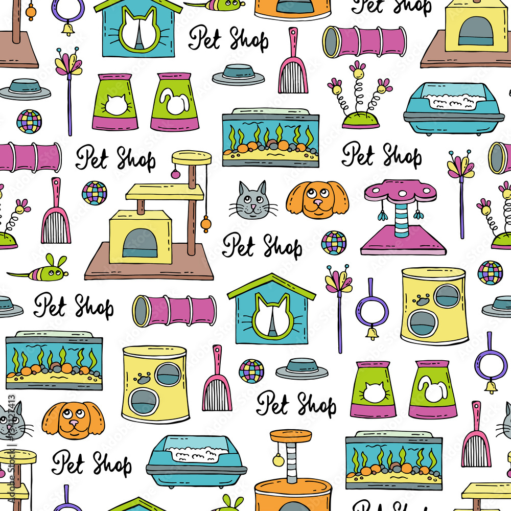 Vector seamless pattern with hand drawn colored goods for pet shop ...
