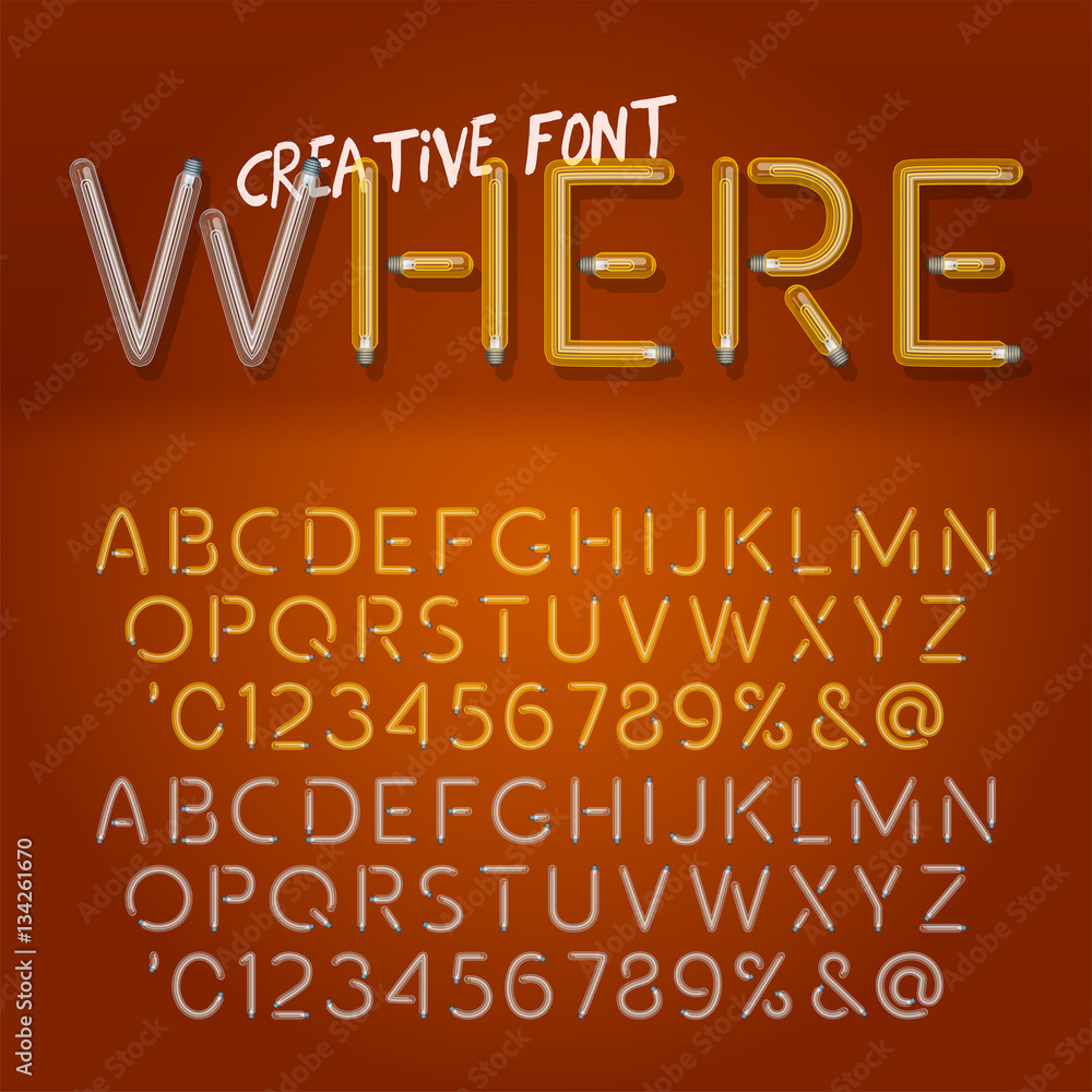 Creative realistic lamps font. Light Bulb Text Effect. Vector light ...