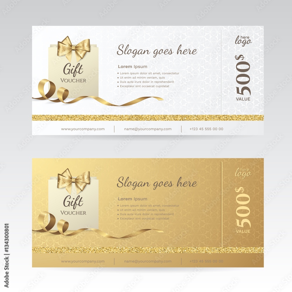 Set of elegant shiny gift voucher with golden bow, ribbon and paper ...