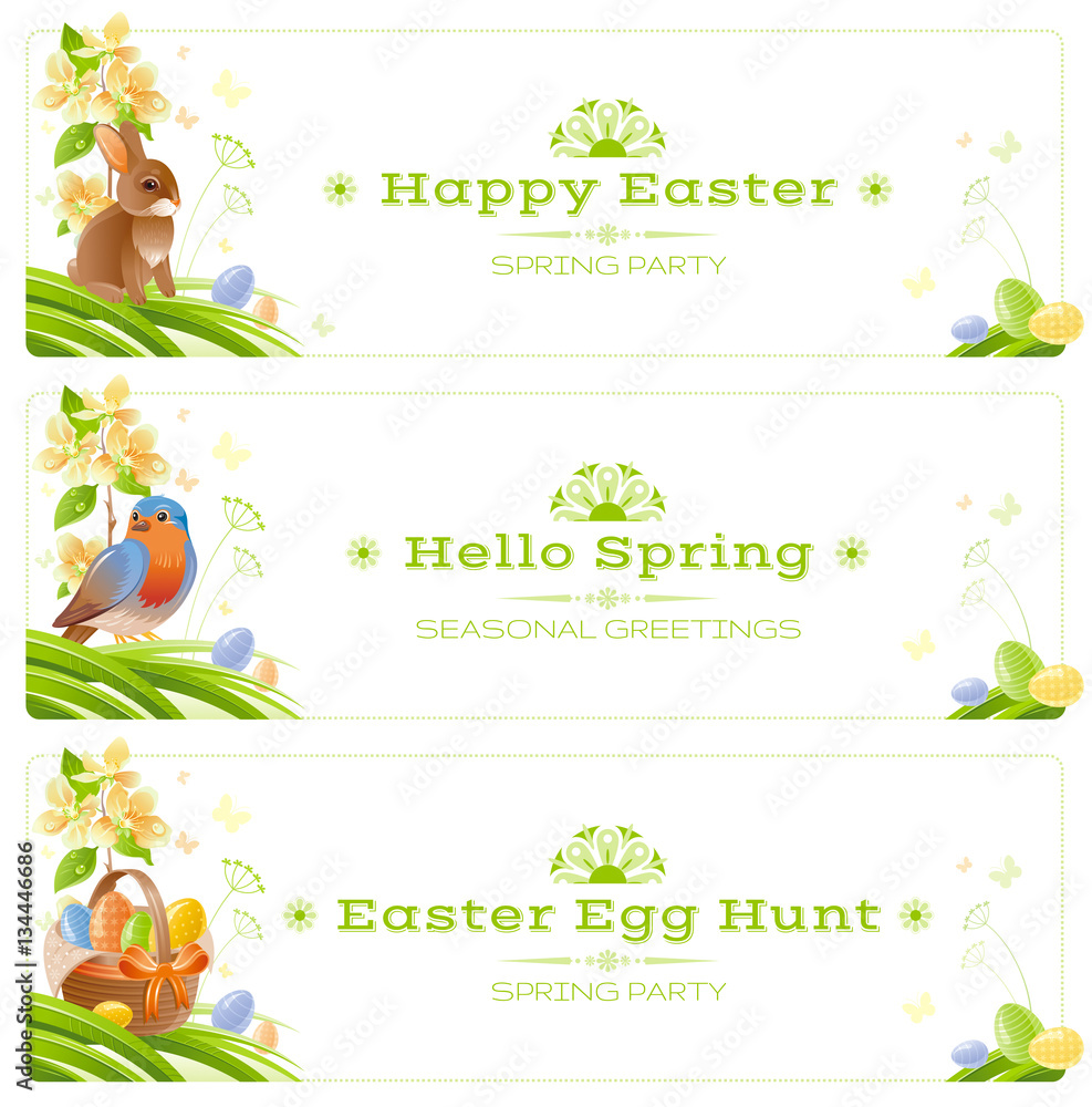 Happy Easter Spring nature vector banner set, isolated white background ...