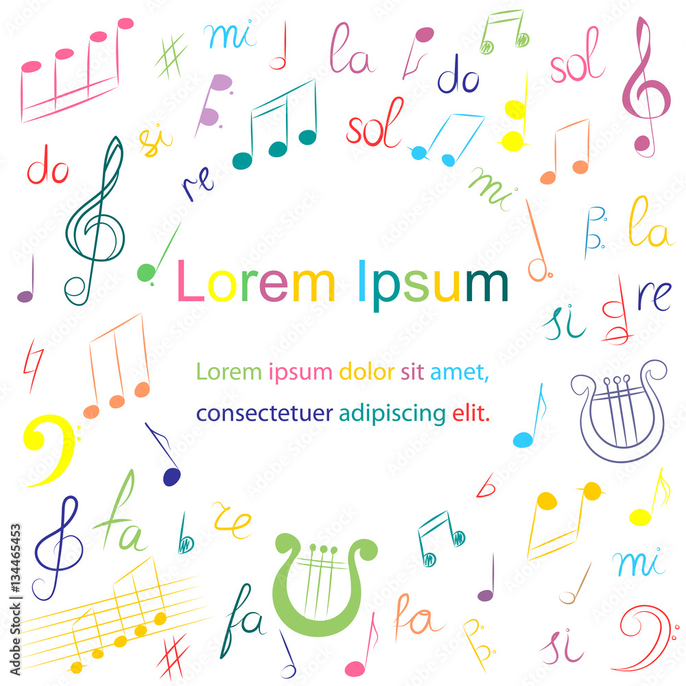 Colorful Hand Drawn Music Symbols. Colorful Doodle Treble Clef, Bass ...