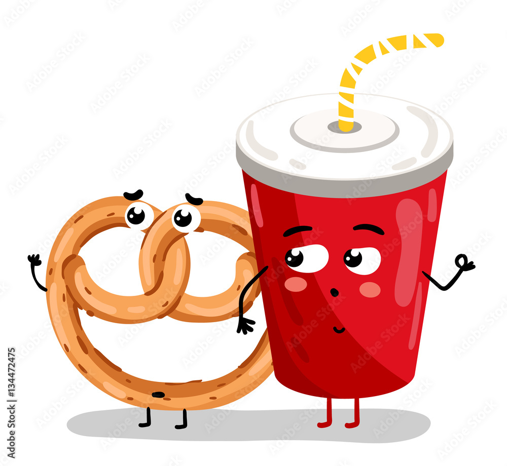 Cute take away glass with straw and bagel cartoon character isolated on ...