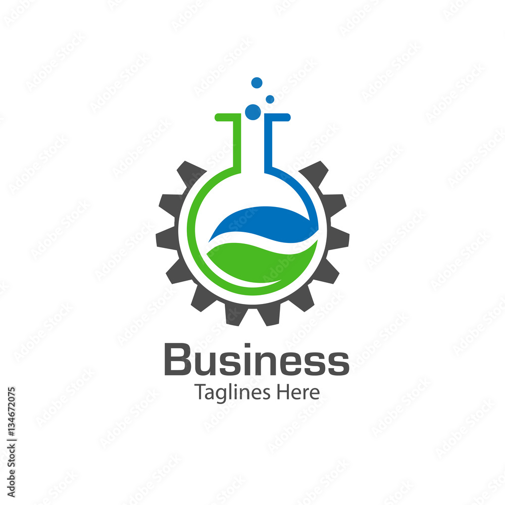 lab logo with leaf and gear symbol , colored test tube with fresh green ...