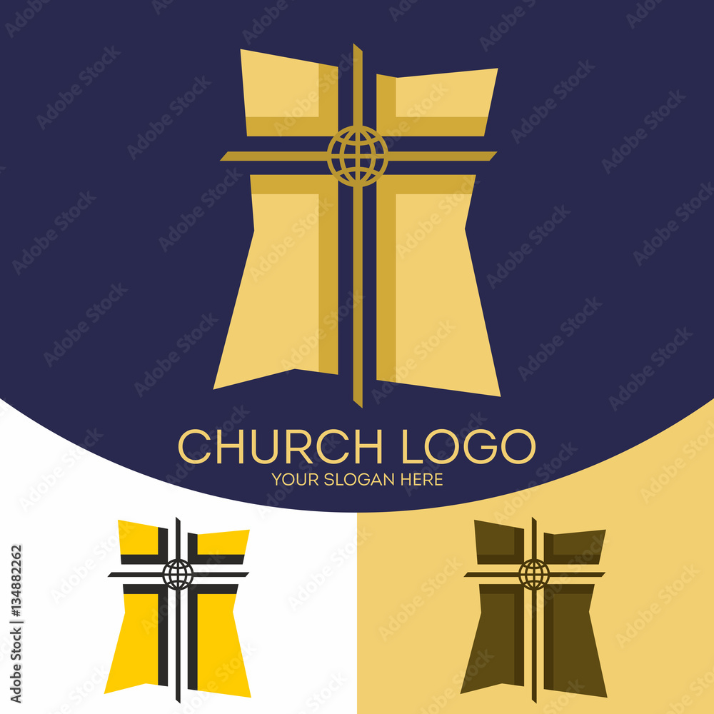 Church logo. Christian symbols. The cross of Jesus Christ and the globe ...