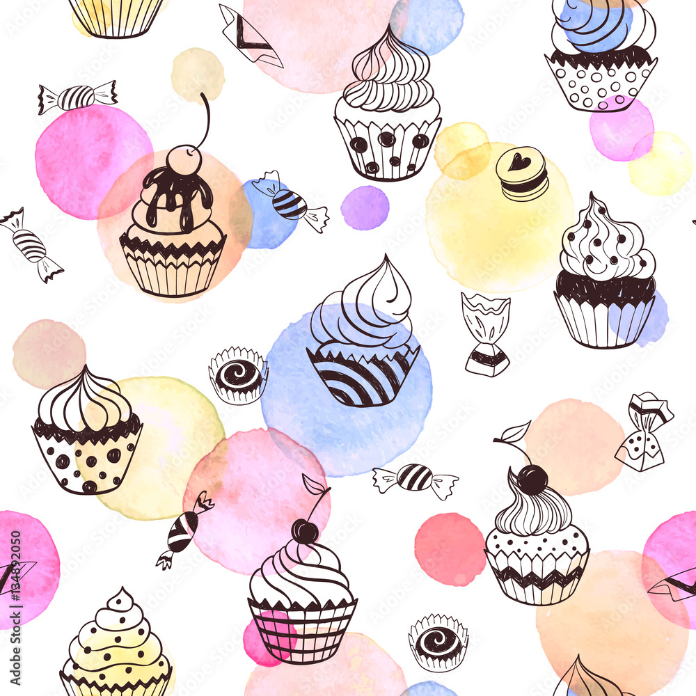 Cupcakes seamless pattern with watercolor spots. Sweets background ...