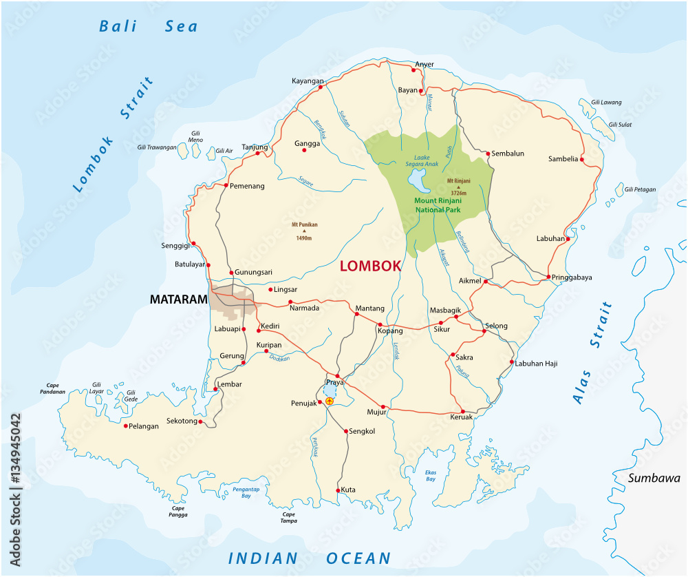 road map of the indonesian island of Lombok Stock Vector | Adobe Stock