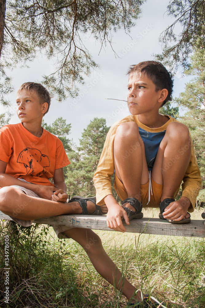 Photo Stock Two young boys sitting on a bench under a tree. two boys in ...