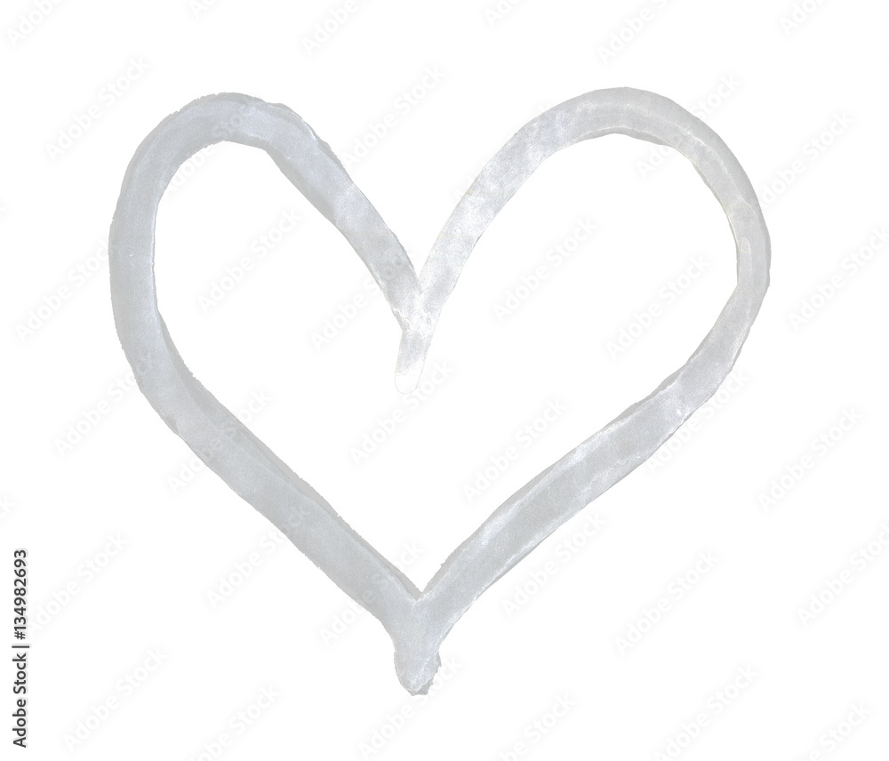 The outline of the pale grey heart drawn with paint on white background ...