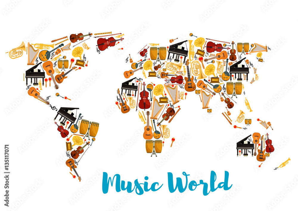 Musical instruments forming world map Stock Vector | Adobe Stock