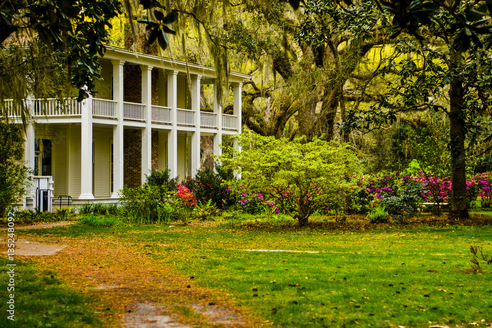 Southern plantation style house with columns and landscaped lawn Stock ...