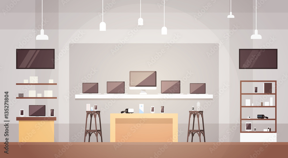 Modern Electronics Store Shop Interior Banner with Copy Space Vector ...
