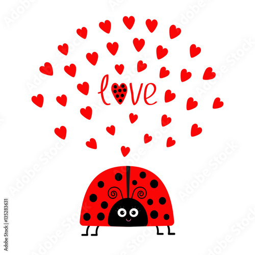Red lady bug insect with hearts. Cute cartoon smiling face character ...