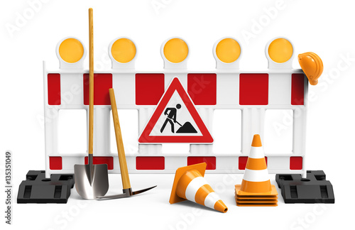 Baustelle, Absperrung mit Schaufel, Pickel, Baustellenschild, Pylone ...