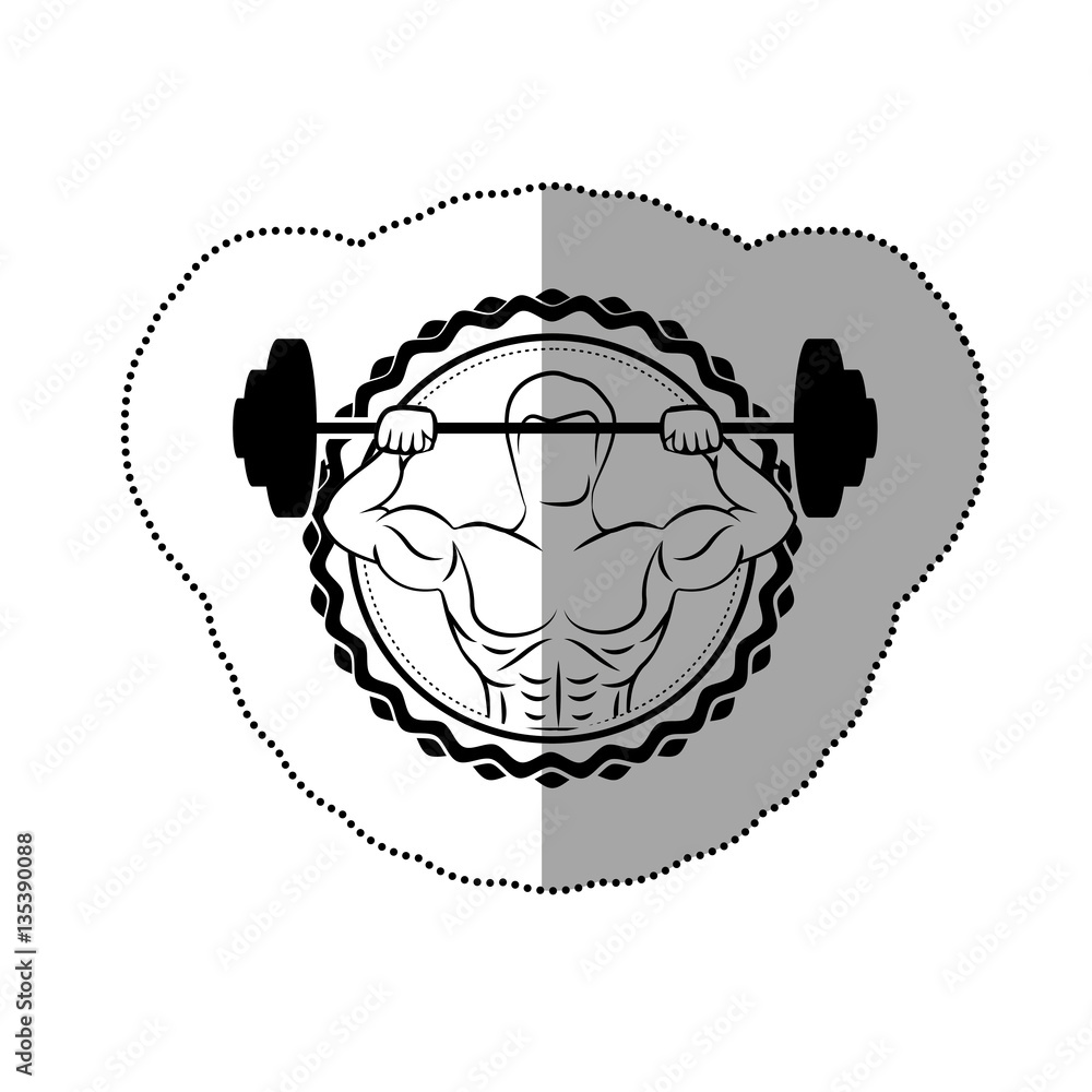 sticker border with black contour muscle man lifting a disc weights ...