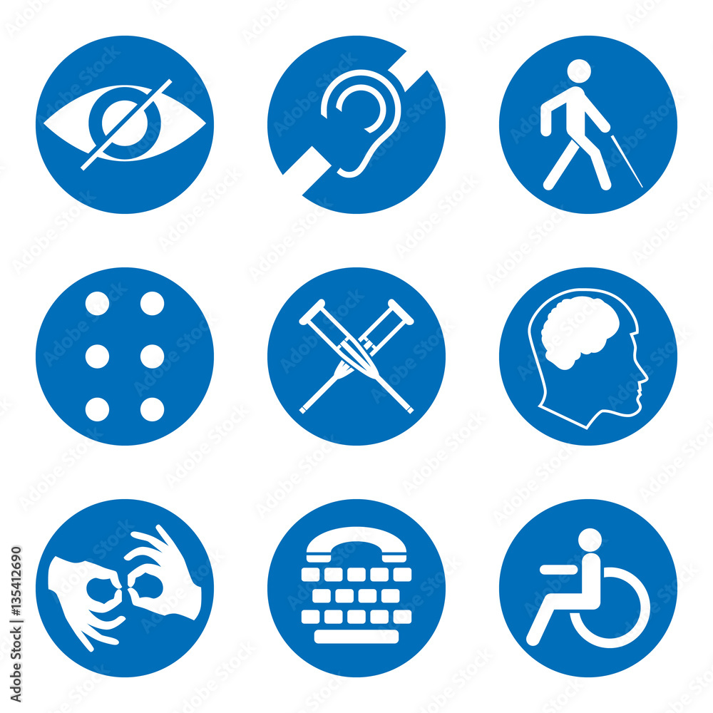 Vector disabled signs with deaf, dumb, mute, blind, braille font ...