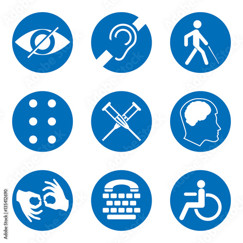 Vector disabled signs with deaf, dumb, mute, blind, braille font ...