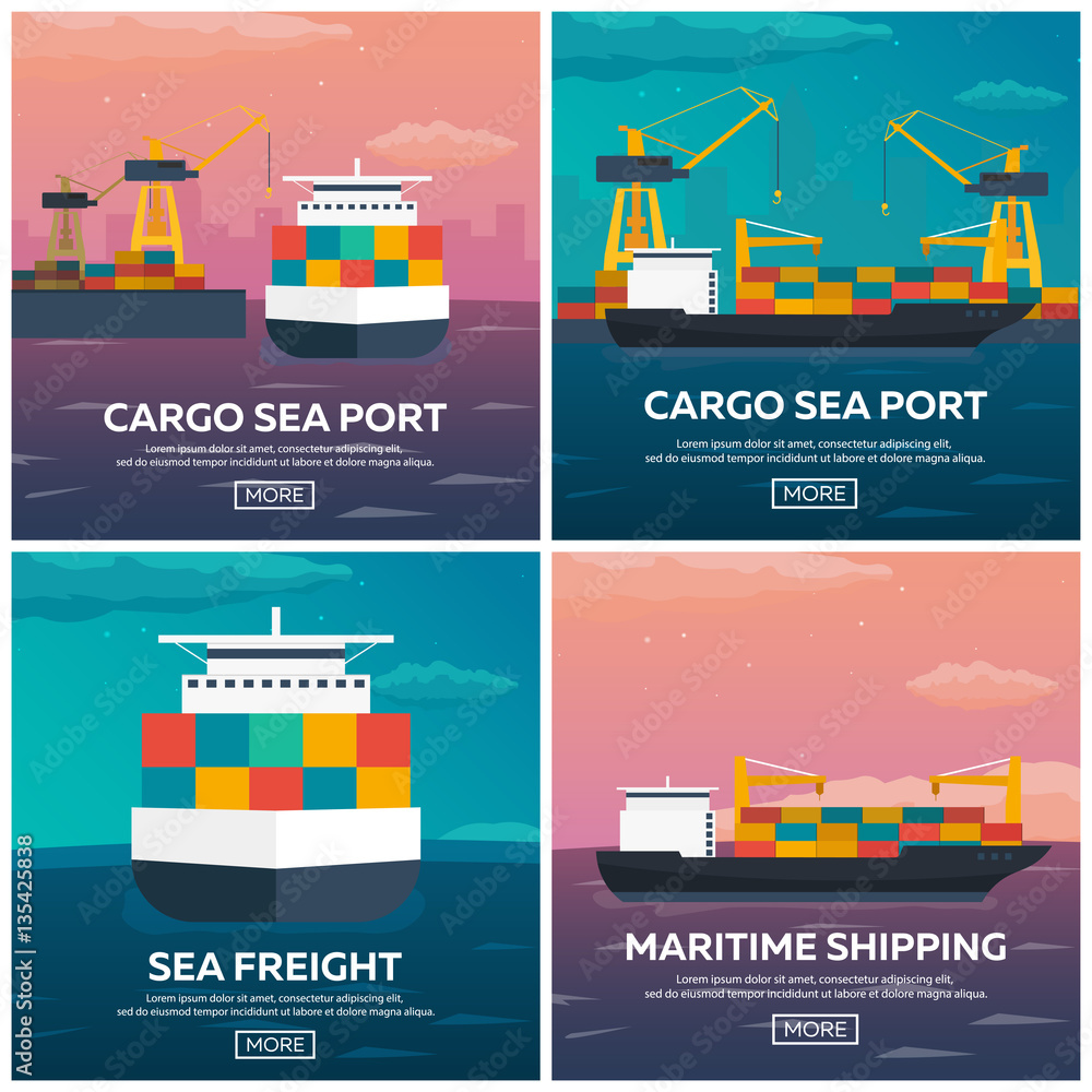 Set of Sea transportation logistic. Sea Freight. Maritime shipping ...