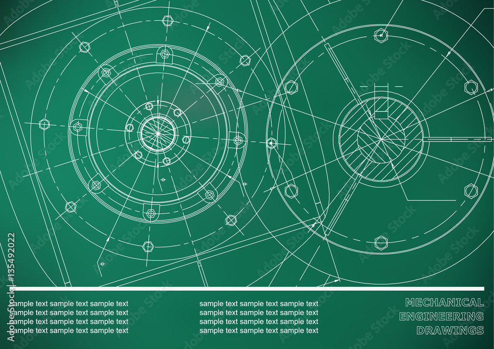 Vector Mechanical engineering drawings on a light green background ...