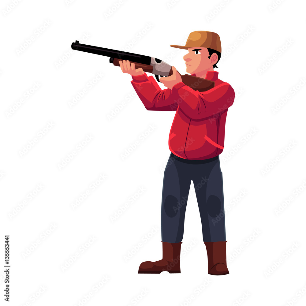 Single hunter aiming at his target with a gun, rifle, cartoon vector ...