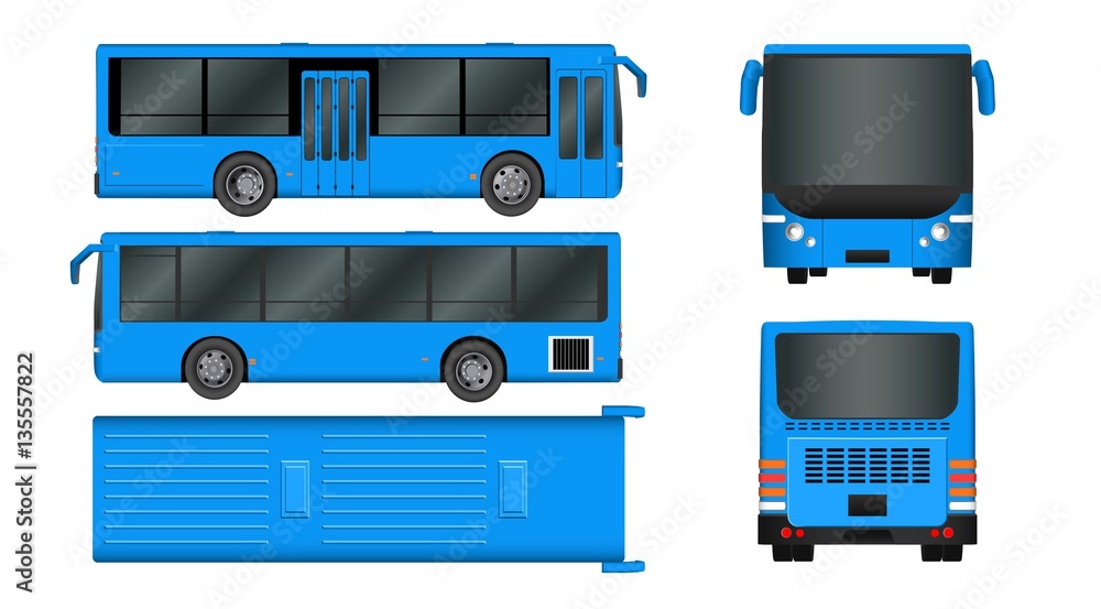 City bus template. Passenger transport all sides view from top, side ...