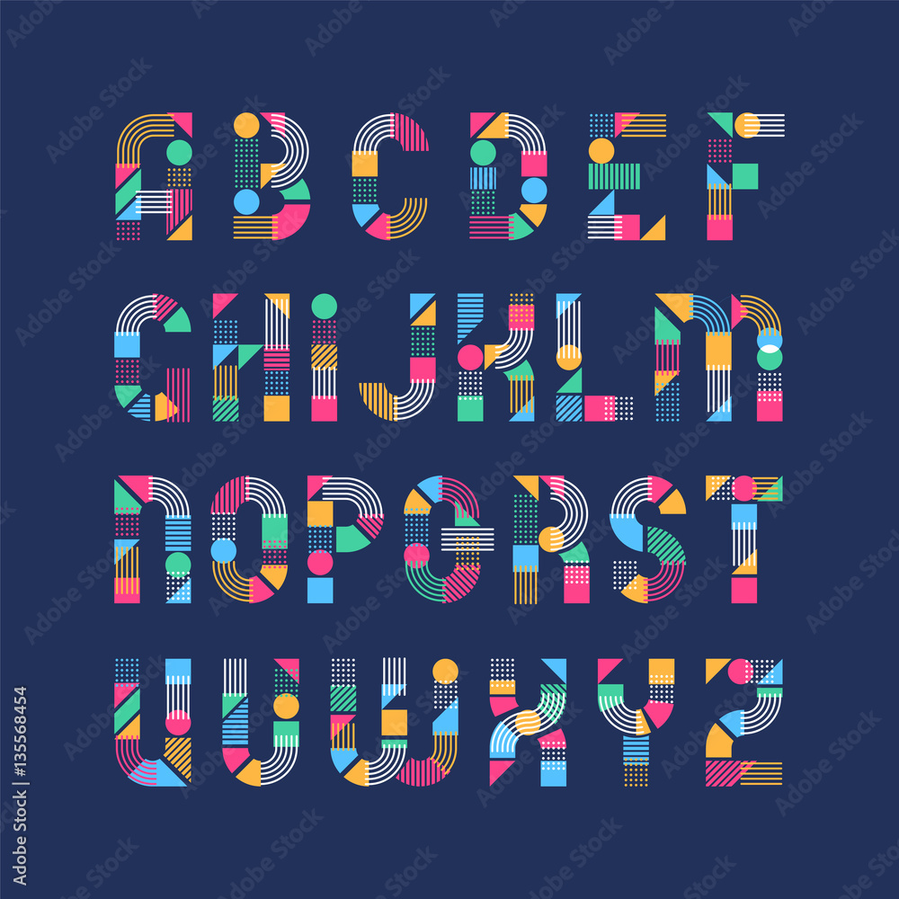 Geometrical shapes', lines and color blocks' latin font Stock Vector ...