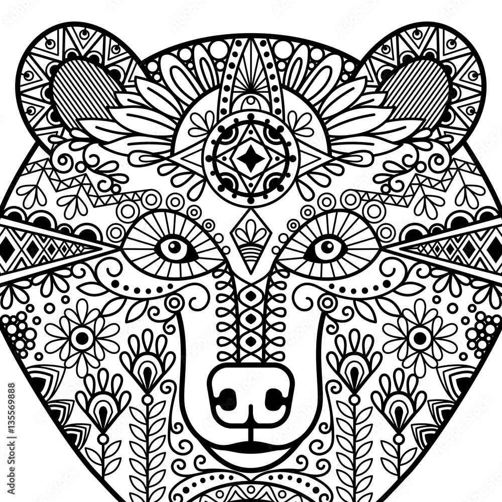 Zentangle bear head. Hand drawn doodle bear face, vector illustration ...