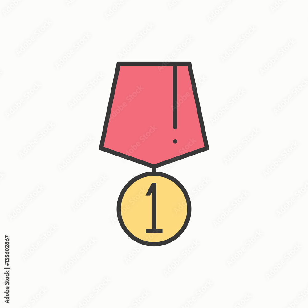 1st place gold medal award with ribbon. Winner line thin icon. First ...