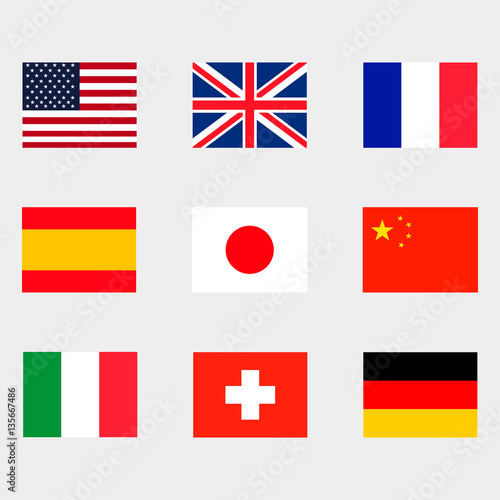 9 national flags. Usa, United Kingdom, France, Spain, Japan, China ...