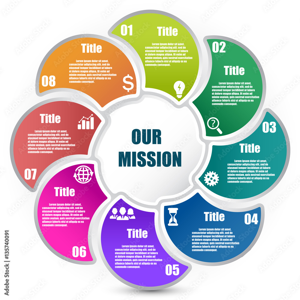 Circle infographic template with 8 steps and central element. Parts of ...